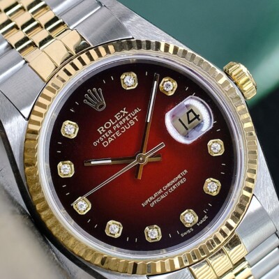 Rolex Mens Datejust 18KY Gold & Steel Red Dial Fluted Bezel 36mm Watch ...