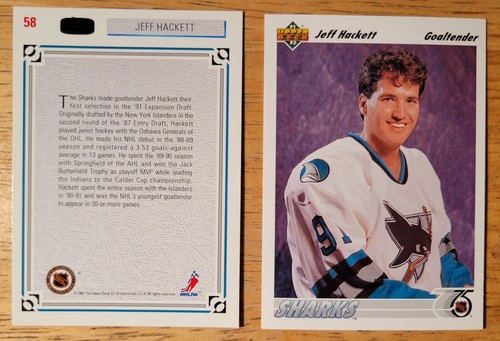 TWO 1991-92 Upper Deck Jeff Hackett Hockey Cards (San Jose Sharks) #58 ...