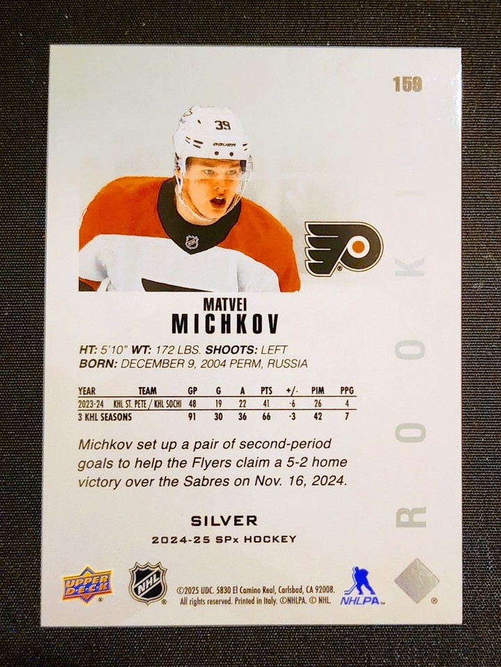 Matvei Michkov 2024-25 Upper Deck SPx Silver Parallel Rookie #159 RC | eBay