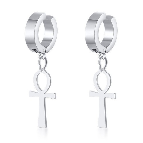 Fashion Silver Men Ear Drops Earrings Ankh Cross Dangle No Piercing Clamp Clip | eBay
