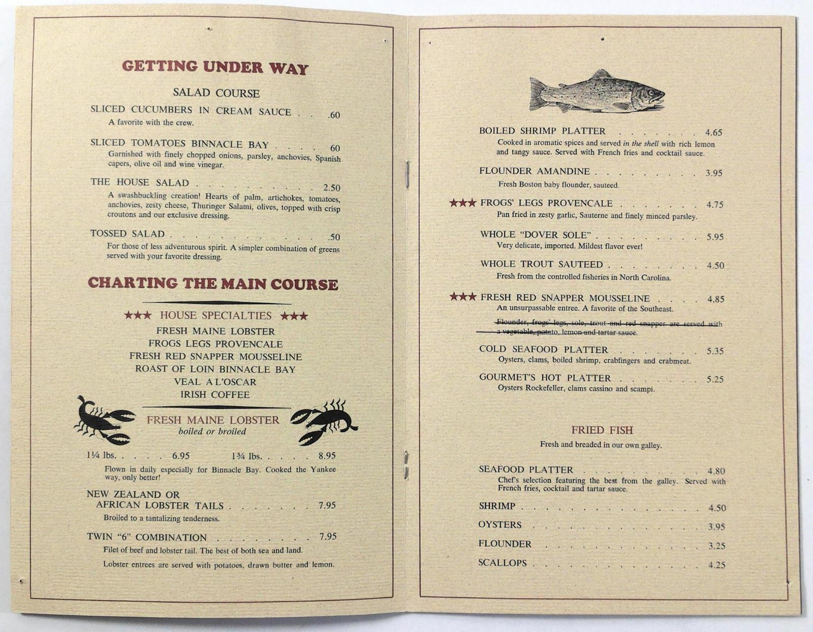 1960's Vintage Galley Notes Menu BINNACLE BAY Restaurant Underground ...