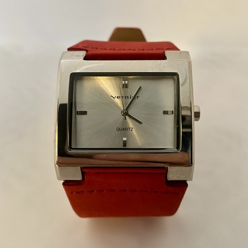 Vernier Quartz NEW Watch Rectangular Silver Case White Dial Red Leather ...