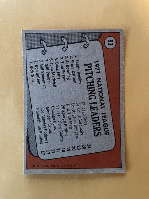 1972 Topps - League Leaders #93 Fergie Jenkins, Al Downing, Steve ...