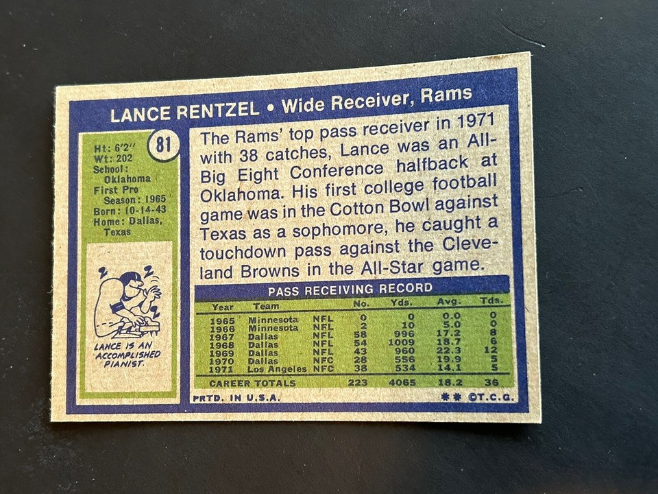 1972 Topps Football #81 Lance Rentzel EX+ Los Angeles Rams Oklahoma | eBay