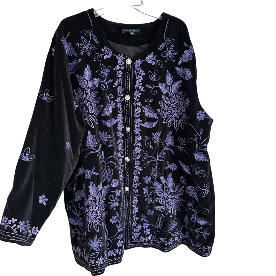 Indigo Moon Black Velvet Purple Floral Embroidered Cardigan Shacket 3X ...