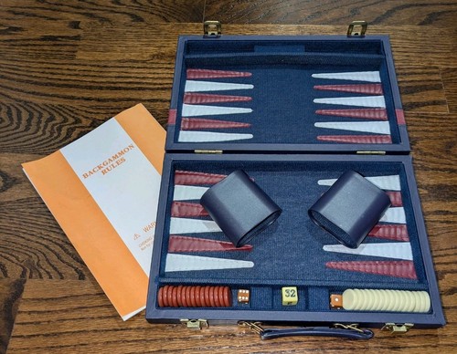 Vintage Backgammon Briefcase Set Game Folding Carry Case Blue Corduroy ...