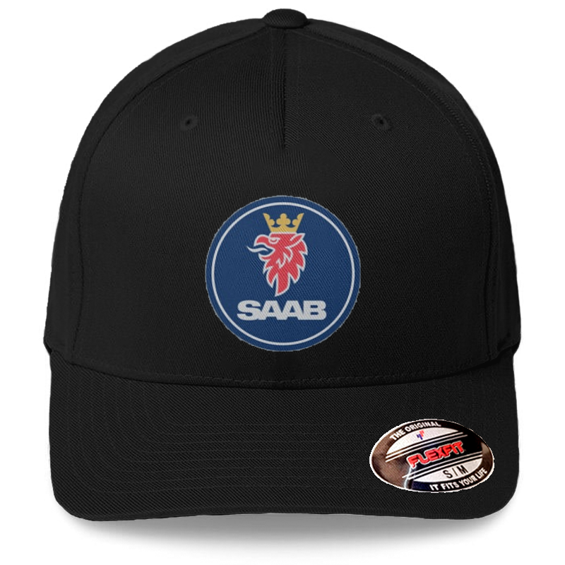 Saab Car Logo on Black Hat Flexfit Baseball Cap Printed Emblem S/M And ...