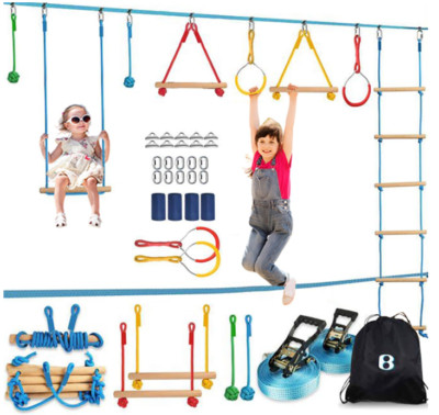 Ninja Warrior Obstacle Course Kit for Kids - 2 X 52' Slackline Zipline ...