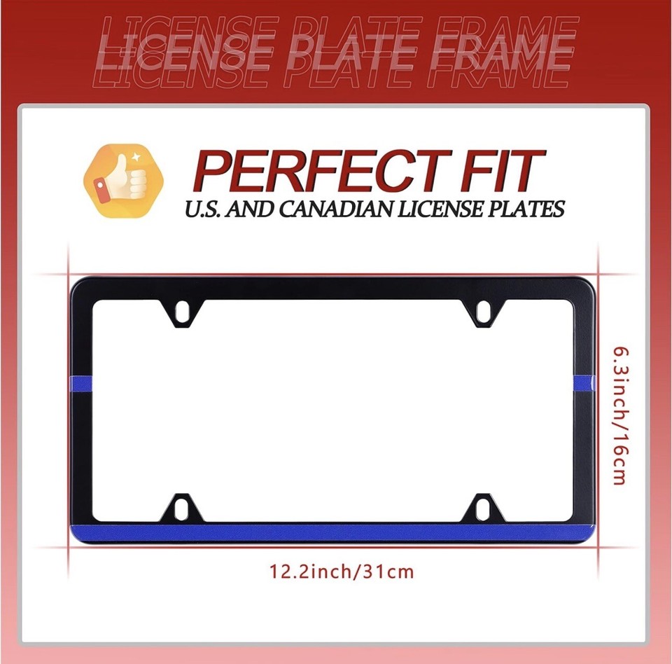 Blue Thin Line Black Stainless Steel Slim License Plate Frame | eBay