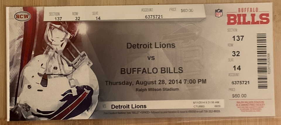 2014 NFL Buffalo Bills vs Detroit Lions Ticket, Parking Pass, Field ...