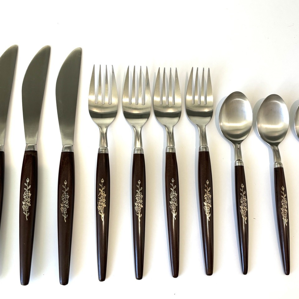 MCM Stainless Steel & Faux Wood Flatware Brown Handle Japan NOS Danish ...