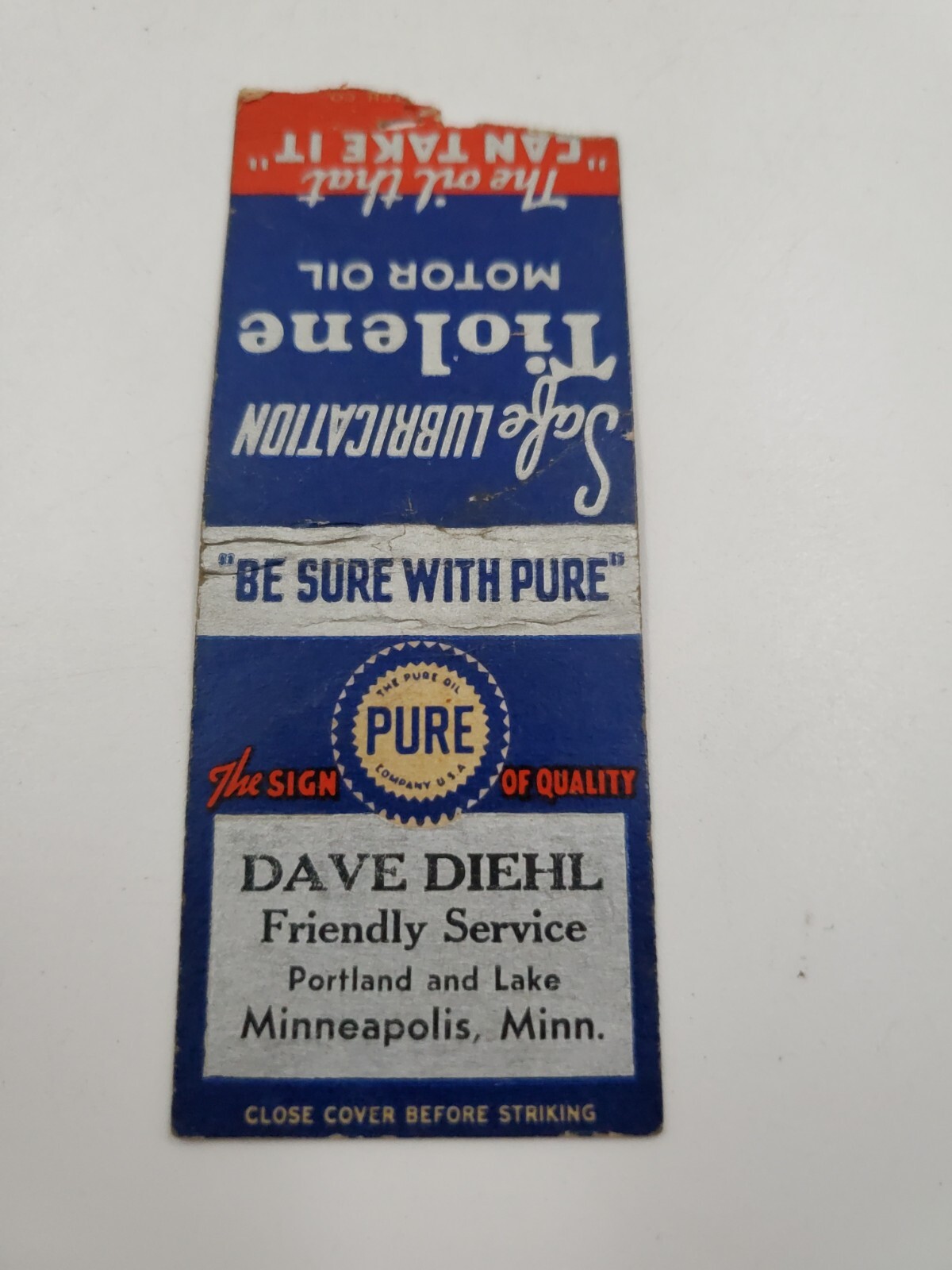 Pure Oil Company Dave Diehl Station Minneapolis Minnesota Matchbook ...
