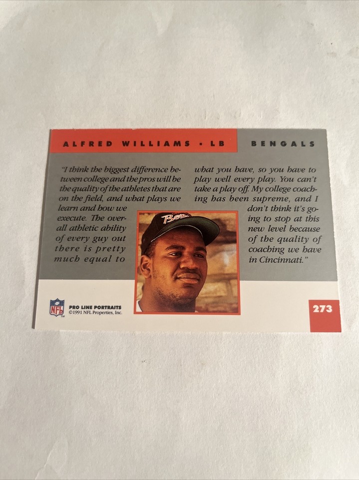 1991 NFL Pro Line Portraits Alfred Williams RC Rookie #273 Cincinnati ...