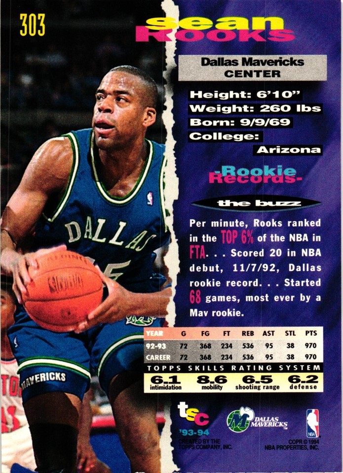 1993-94 Topps Stadium Club #303 Sean Rooks Dallas Mavericks Basketball ...