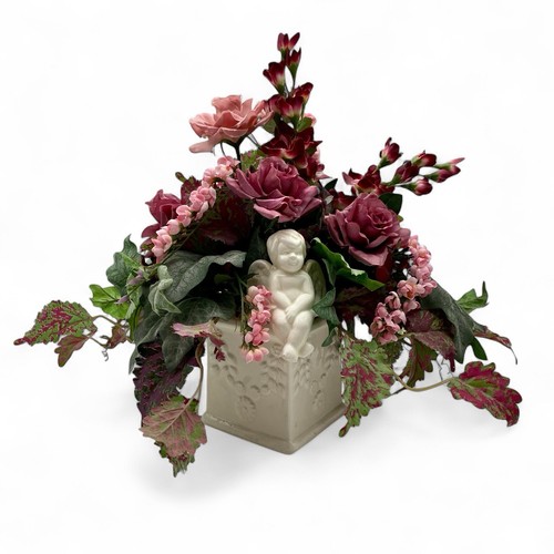 Vintage Silk Flower Floral Arrangement Cherub Vase Pink Roses Ivy ...
