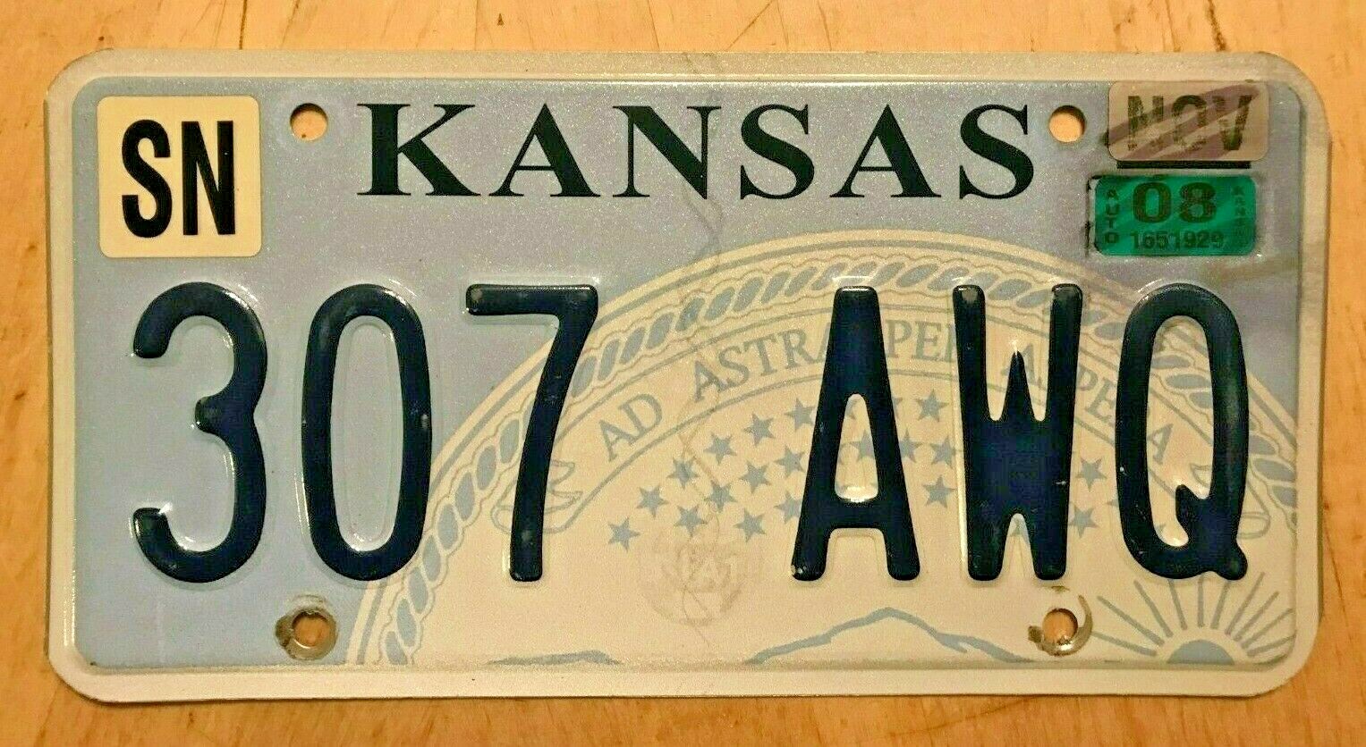 2008 KANSAS GRAPHIC SEAL AUTO LICENSE PLATE " 307 AWQ " KS 08 SHAWNEE ...
