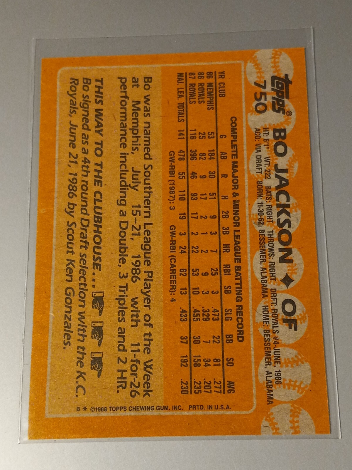 (Rare) Bo Jackson Double Error Card Topps 1988 NM #750 Very Hard To ...