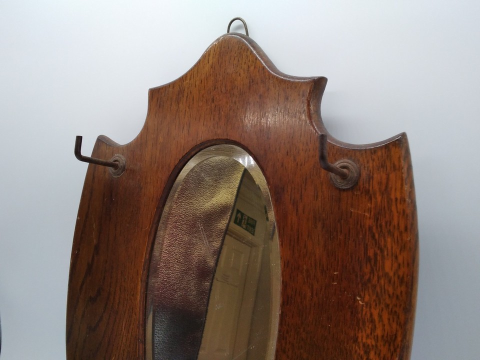 Edwardian Oak Wall Mounted Oval Bevelled Edged Mirror Shield Shape with ...