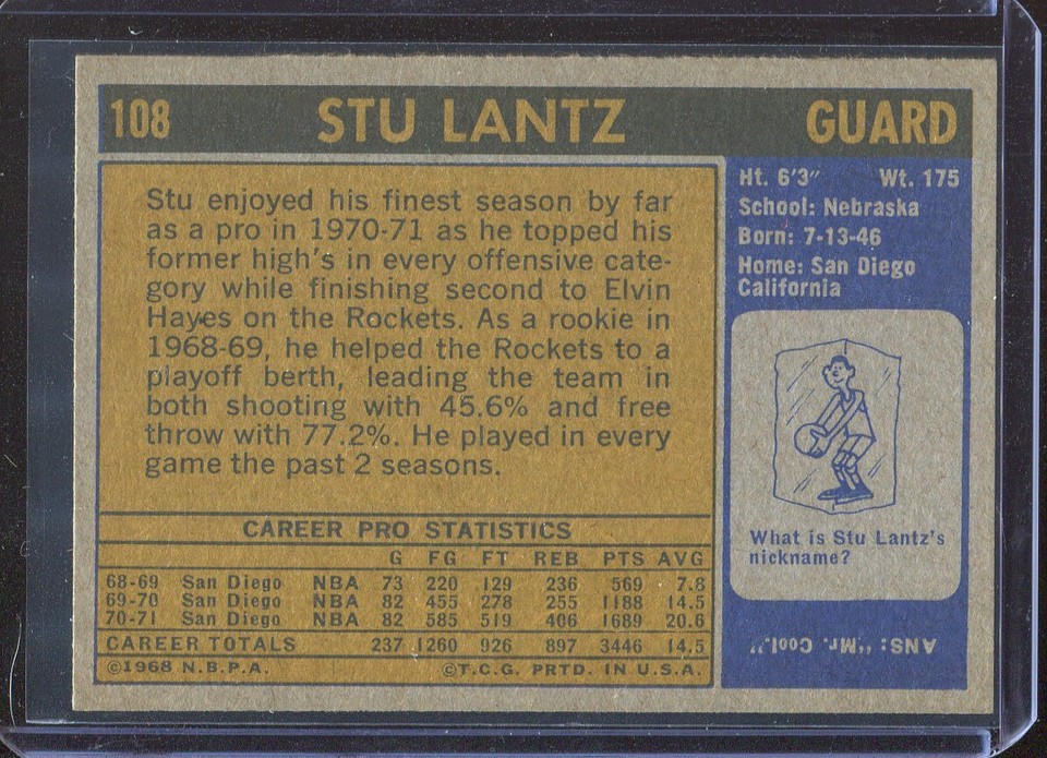 1971 Topps Basketball # 108 Stu Lantz (NM-MT) Near Mint to Mint | eBay