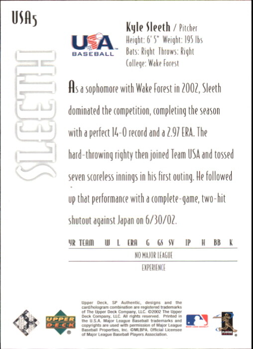 2002 SP Authentic USA Future Watch #USA5 Kyle Sleeth /1999 - NM-MT | eBay