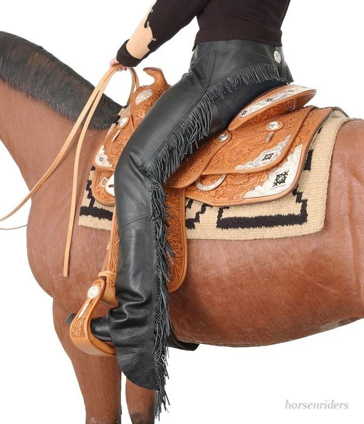 Western Equitation Show Chaps - Black Smooth Leather - Sizes XS,S,M,L ...