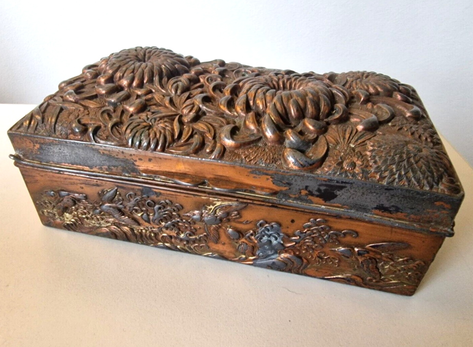 Antique Japanese Antimony Box Early 1900s Crysthanemums Birds Metal ...