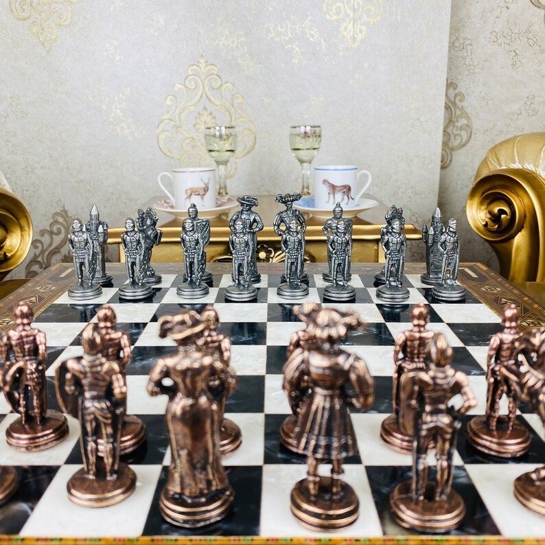 Chess Set Handmade Spanish Mexico Inlaid Board Antique Pieces ...
