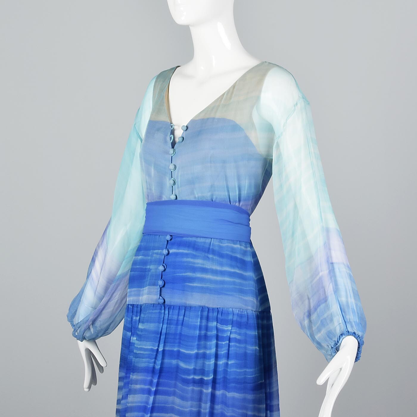 S Travilla Flowy Silk Maxi Dress Formal Evening Gown Blue Full Length ...