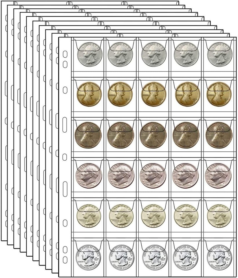 (30 Pockets) 10 Sheets Coin Binder Inserts Sleeves Collection Pages ...