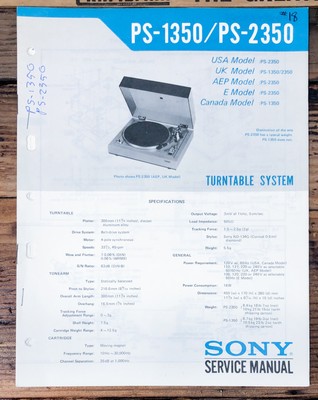 Sony PS-1350 PS-2350 Record Player / Turntable Service Manual *Original ...
