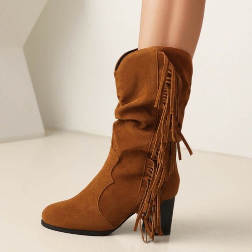 Autumn Womens Knee High Boots Tassel Chunky Heel High Boots Western ...