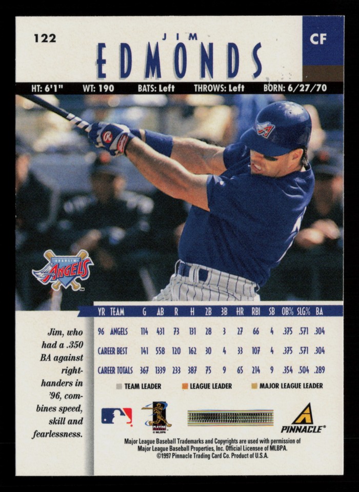 1997 New Pinnacle Jim Edmonds #122 Anaheim Angels Baseball Card | eBay