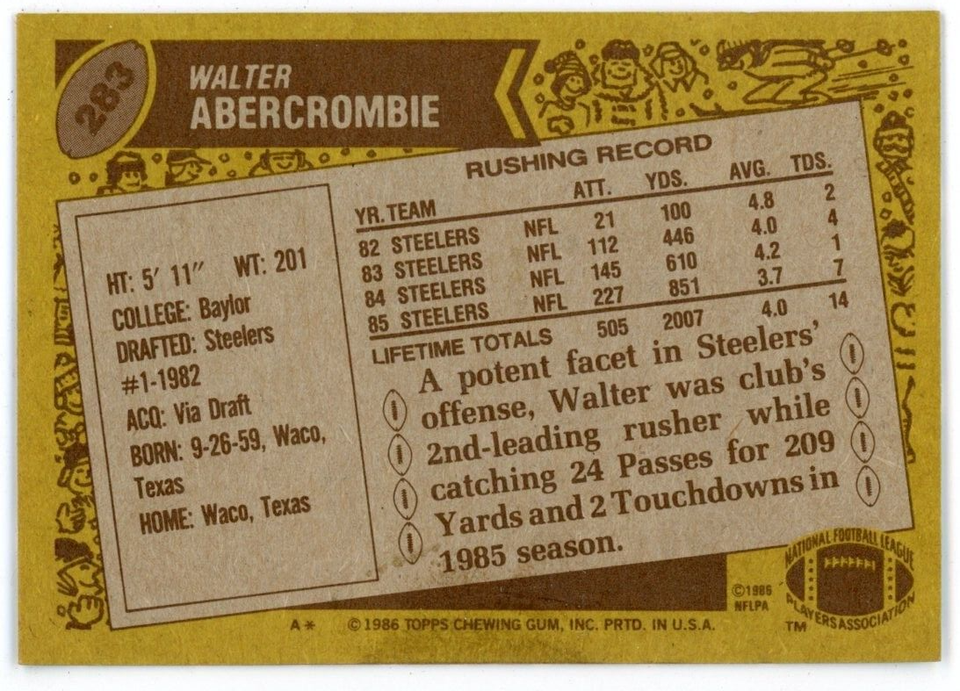 1986 Topps Football Walter Abercrombie Pittsburgh Steelers #283 | eBay