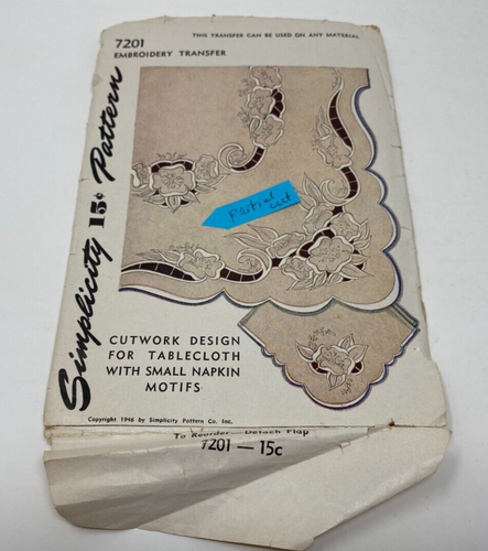 1946 Simplicity Embroidery Transfer Pattern 7201 Cutwork Design ...