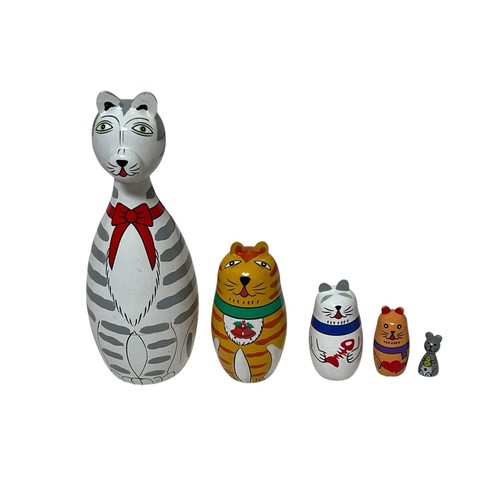 Wooden Nesting Cat & Mouse Dolls Hand Painted Set of 5 Tabletop Decor 7 ...
