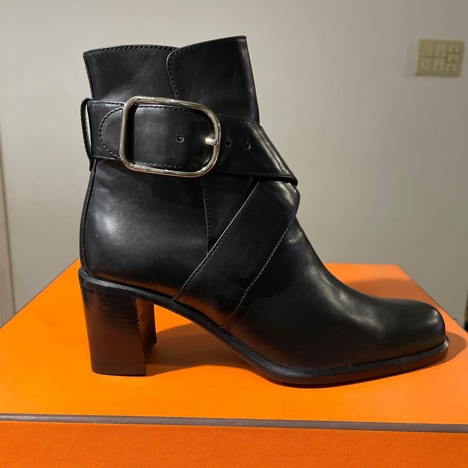 HERMES Short boots Belt Size EU37 US7 Logo Black Heel Leather Used ...