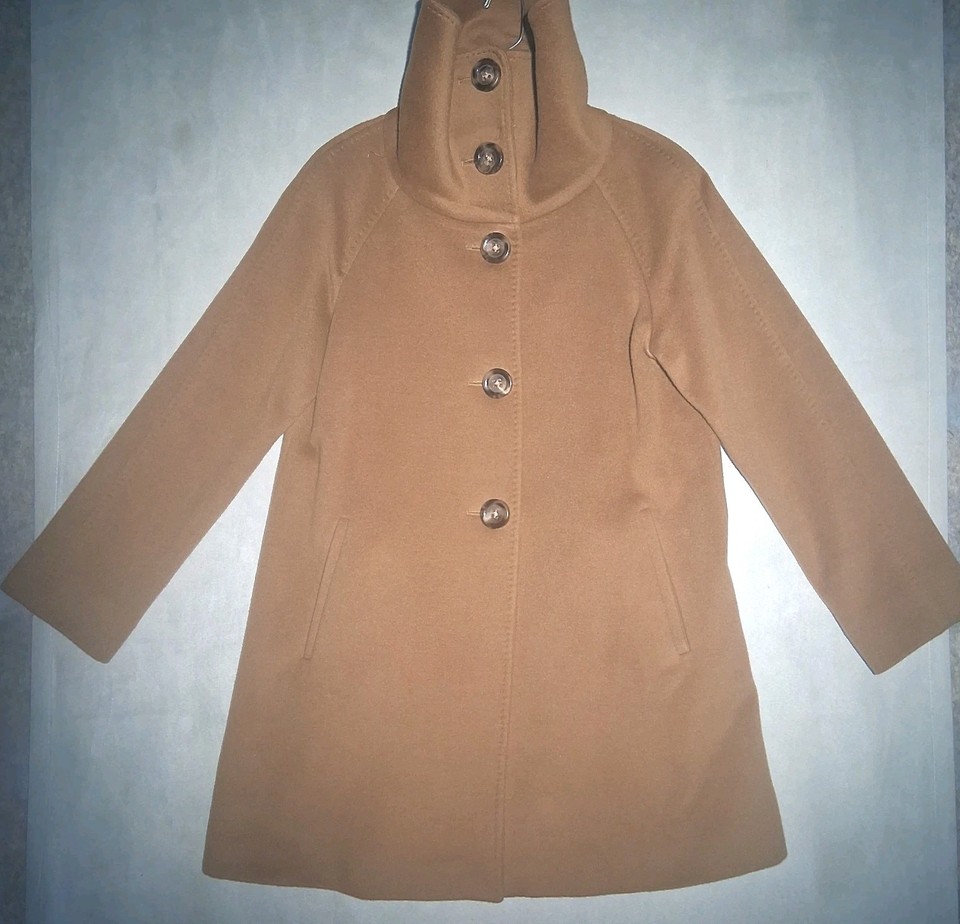 Womens Max Mara Long Coat Tan 100% Virgin Wool Actress Collar Size XL ...