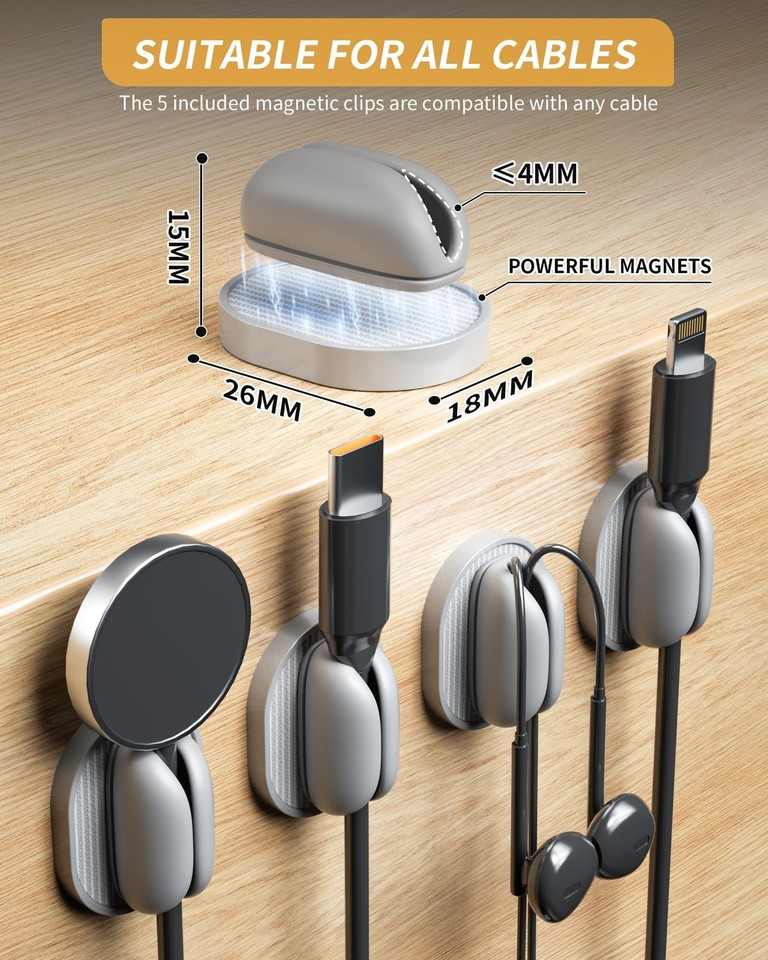 6 Pack Magnetic Cable Clips, Adjustable Cord Holder for Under Desk ...