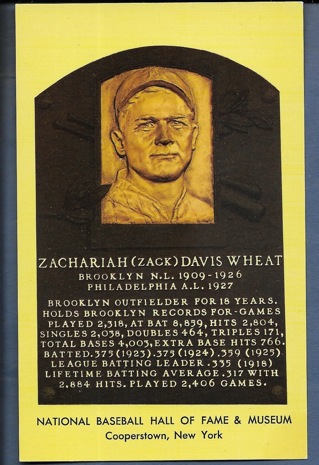 Zachariah (Zack) Davis Wheat - Cooperstown Hall of Fame Plaque Postcard ...