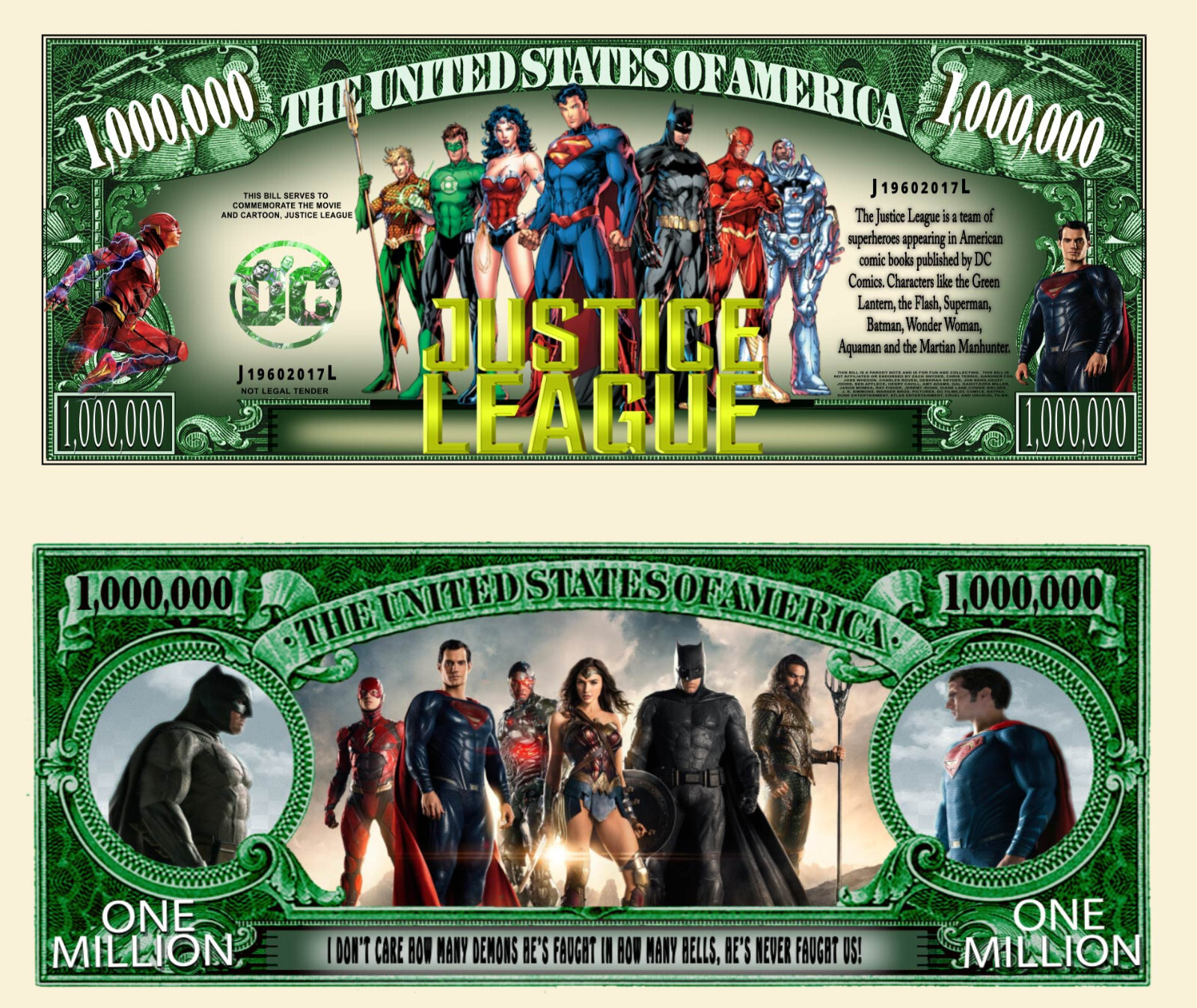 Justice League Million Dollar Bill Play Funny Money Novelty Note + FREE ...
