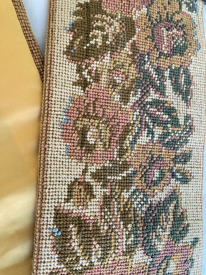Vintage TAN FLORAL NEEDLEPOINT BELL PULL HANGING TAPESTRY Brass Handled ...