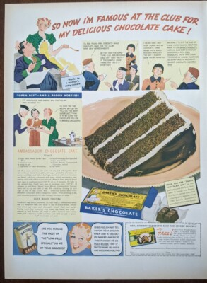 1938 Vintage Baker's Chocolate print ad. Chocolate Cake | eBay