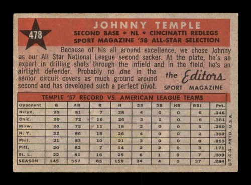 1958 Topps #478 Johnny Temple AS EX X3374875 | eBay