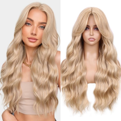 26 Inch Long Curly Wavy Wig for White Women Synthetic Middle Part Honey ...