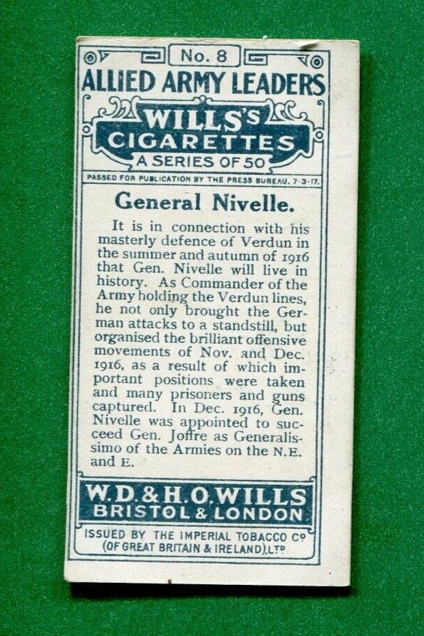 1917 W. D. & H. O. WILLS CIGARETTES ALLIED ARMY LEADERS #8 GENERAL ...