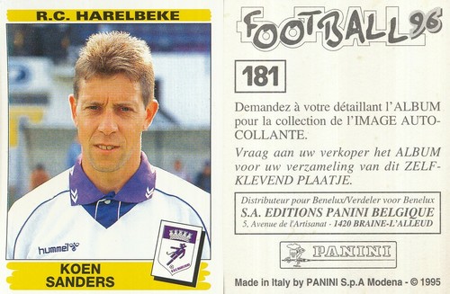 181 KOEN SANDERS # BELGIQUE RC.HARELBEKE - STICKER FOOTBALL 96 PANINI ...