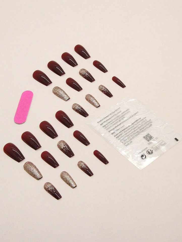 24pcs Long Coffin Red Glitter Fake Nail False Nails Press On Nails Glue ...
