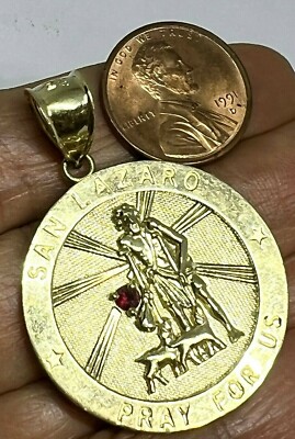GoLD ST Saint san LAZARO Lazarus pendant 10k red CZ Charm solid fine 1. ...
