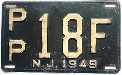 ORIGINAL VINTAGE 1949 NEW JERSEY LICENSE PLATE "P P 18 F" N.J. BLACK ...