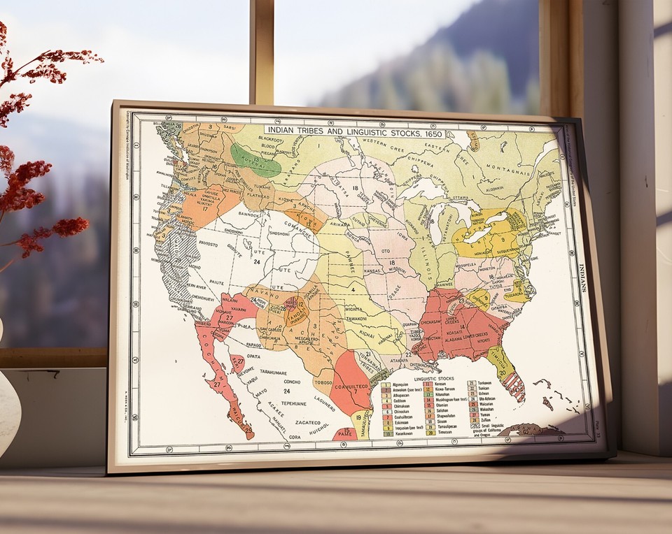 1650 Map US Indian Tribes and Linguistic Languages Stocks Native ...